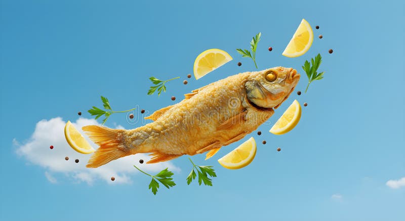Flying Fried Fish with Lemon Trails – Surreal Culinary Concept Stock ...