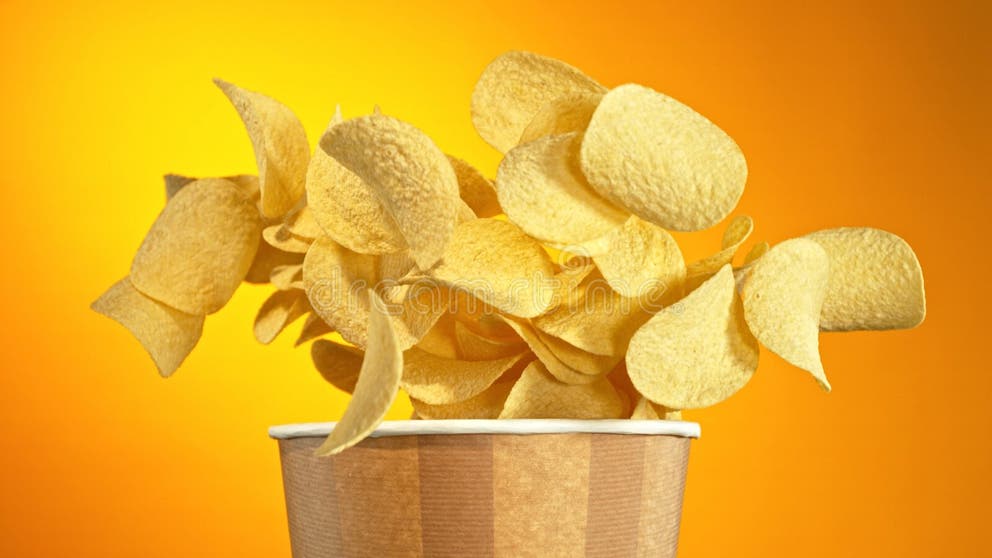 Flying Fried Potato Chips Exploding from Paper Bucket. Stock Image ...