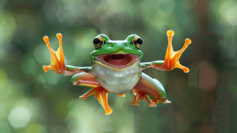 Flying Frog Laughing on Green Leaves. Generative Ai Stock Illustration ...
