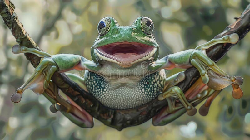 Flying Frog Laughing on Green Leaves. Generative Ai Stock Illustration ...