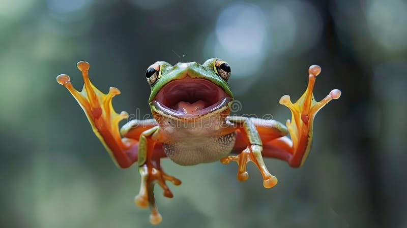 Flying Frog Laughing on Green Leaves. Generative Ai Stock Illustration ...