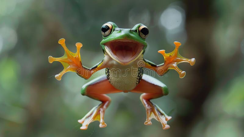 Flying Frog Laughing on Green Leaves. Generative Ai Stock Illustration ...