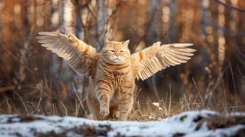 Flying Funny Fat Cat with Bird Wing Looking at the Top. Generative Ai ...