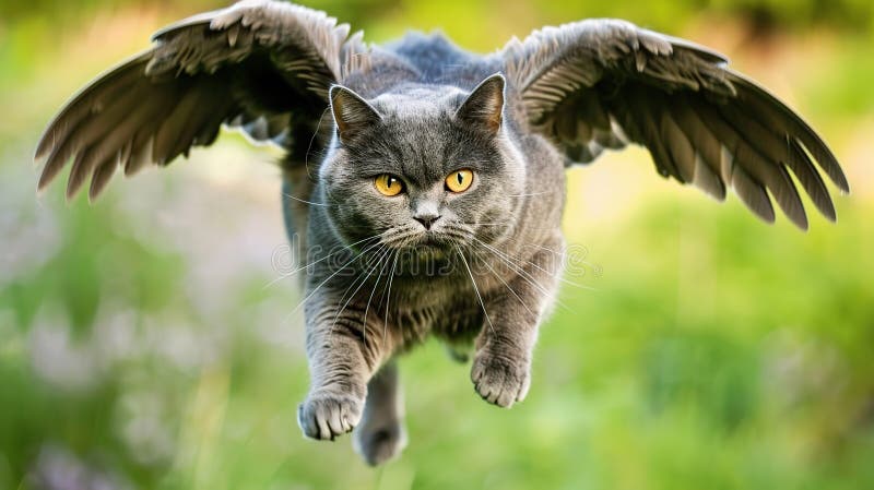 Flying Funny Fat Cat with Bird Wing Looking at the Top. Generative Ai ...
