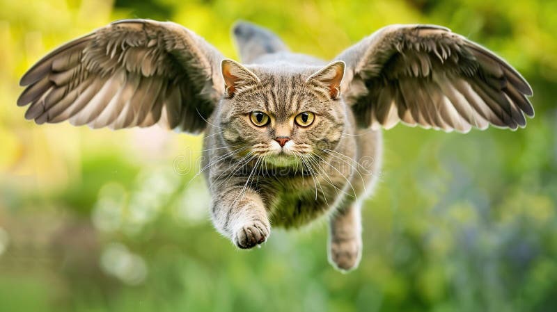 Flying Funny Fat Cat with Small Bird Wing Looking at the Top ...