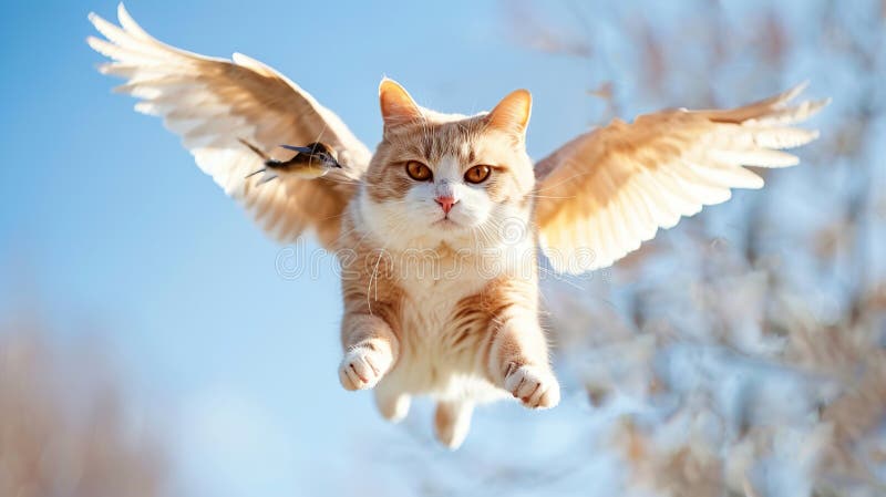 Flying Funny Fat Cat with Small Bird Wing Looking at the Top ...