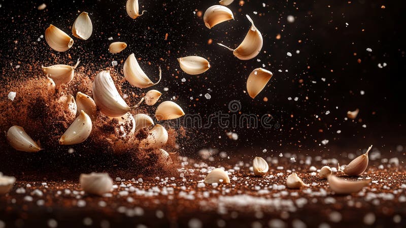 Flying Garlics in Dark Background, Falling Tossed Garlic in Action for ...