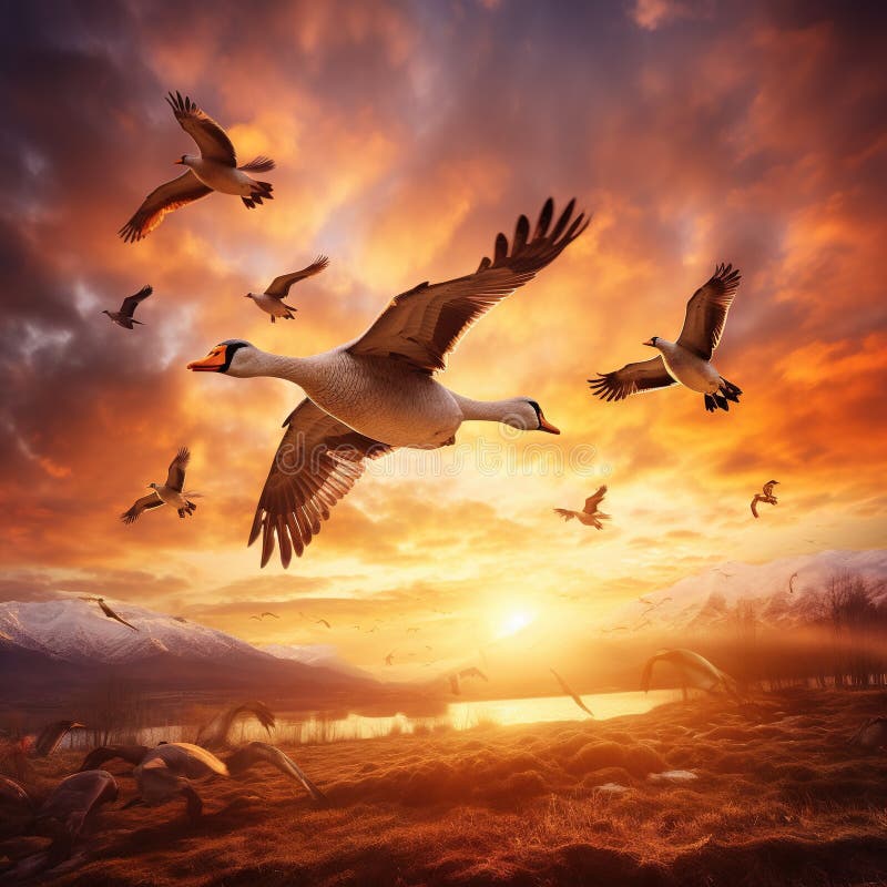 Flying geese during sunset stock illustration. Illustration of geese ...