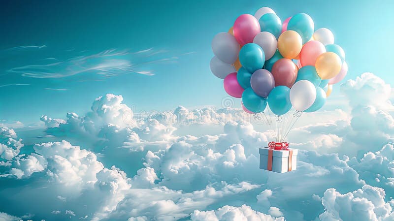Flying Gift Box Present Floating in the Sky Tied To Balloons Bunch with ...