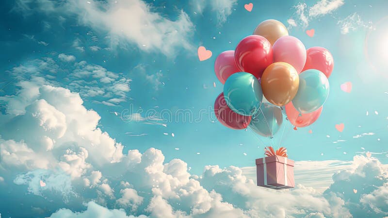 Flying Gift Box Present Floating in the Sky Tied To Balloons Bunch with ...