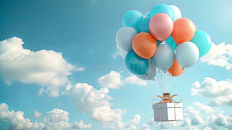 Flying Gift Box Present Floating in the Sky Tied To Balloons Bunch with ...