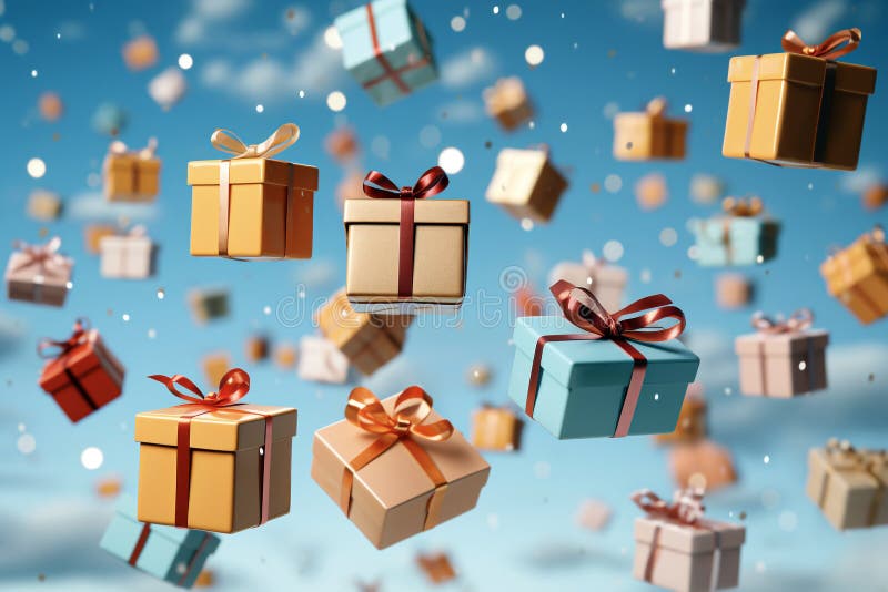 Flying Gift Boxes with Ribbons on Blue Background Stock Illustration ...