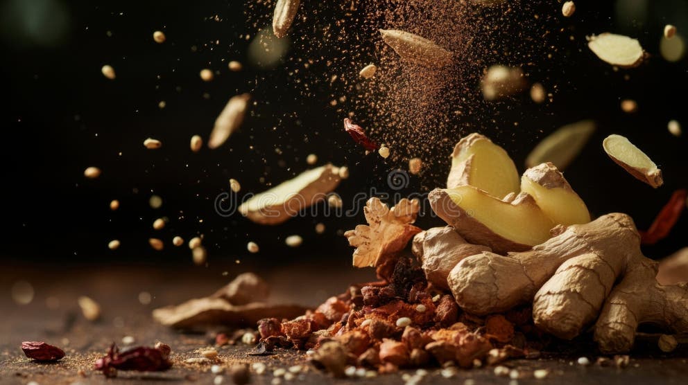 Flying Ginger Pieces and Spices on Dark Background Stock Illustration ...