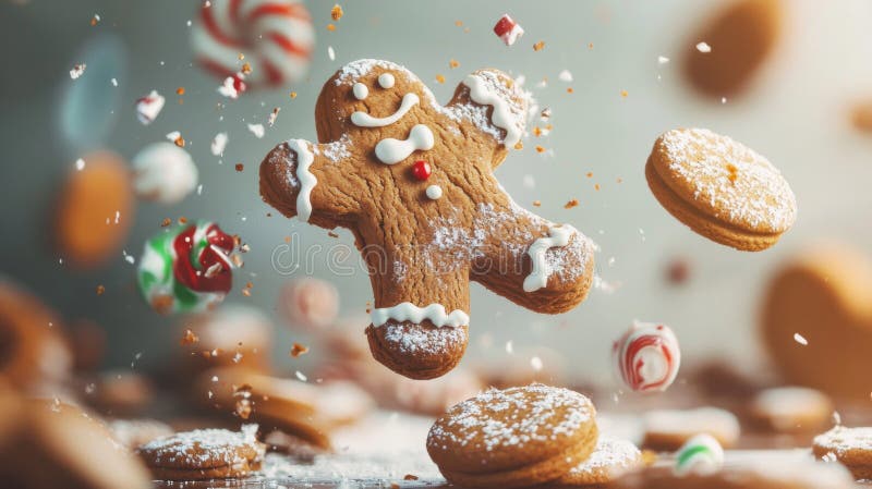 Flying Gingerbread Man with Candy and Cookies Stock Illustration ...