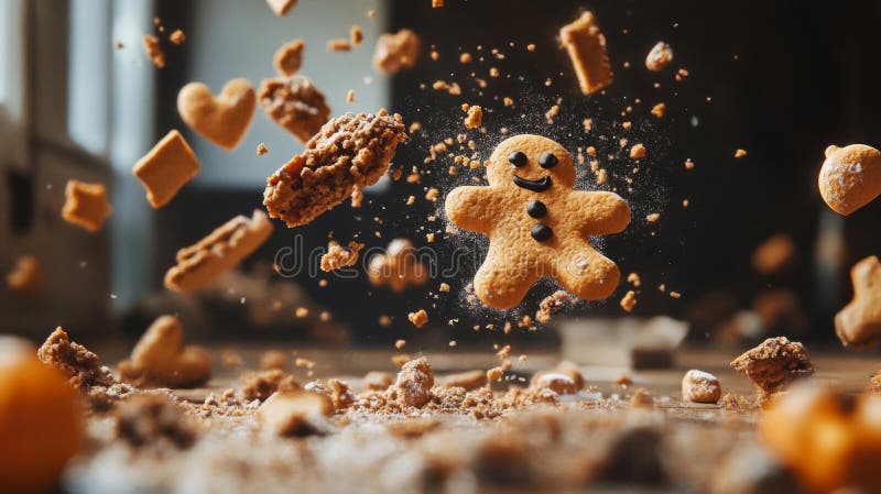 Flying Gingerbread Man and Crumbs on Wooden Surface Stock Illustration ...