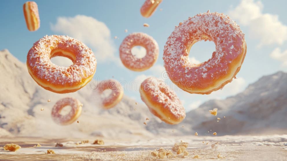 Flying Glazed Donuts Above Desert Landscape Stock Illustration ...