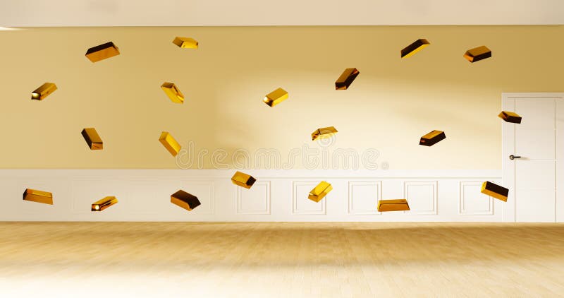 Flying Gold Bars in an Elegant Room with Light and Bright Shades, 3D ...