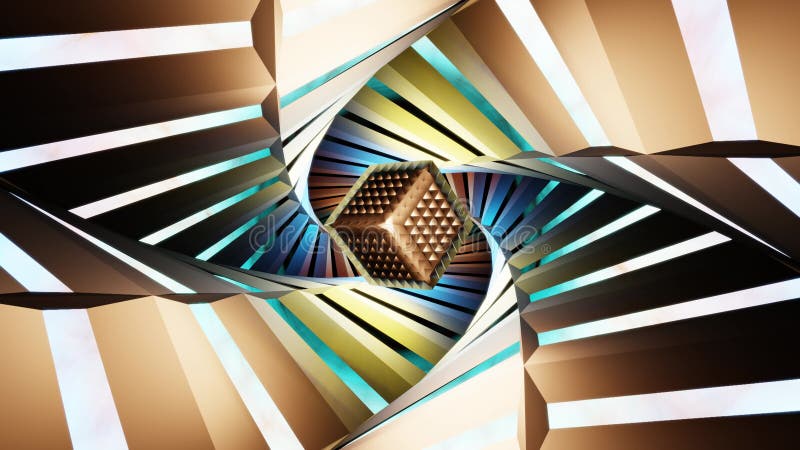 Flying Gold Cube in Abstract Twisted Geometric Sci-fi Space Tunnel Vj ...