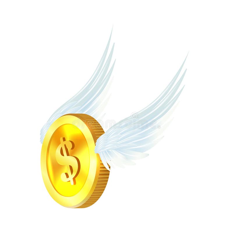 Flying Golden Coin with Wings Isolated on a White. 3D Vector Stock ...