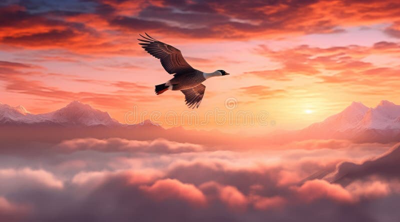 Flying Goose Above the Clouds Stock Illustration - Illustration of ...