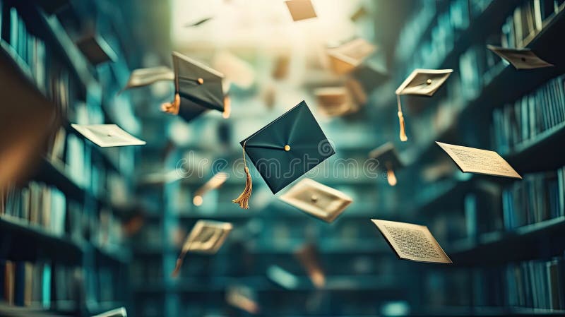Flying Graduation Caps Above Bookshelves Stock Illustration ...