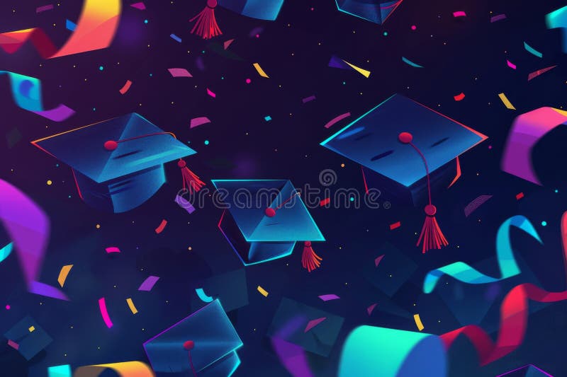Flying Graduation Caps and Confetti, Graduation Banner, Illustration ...