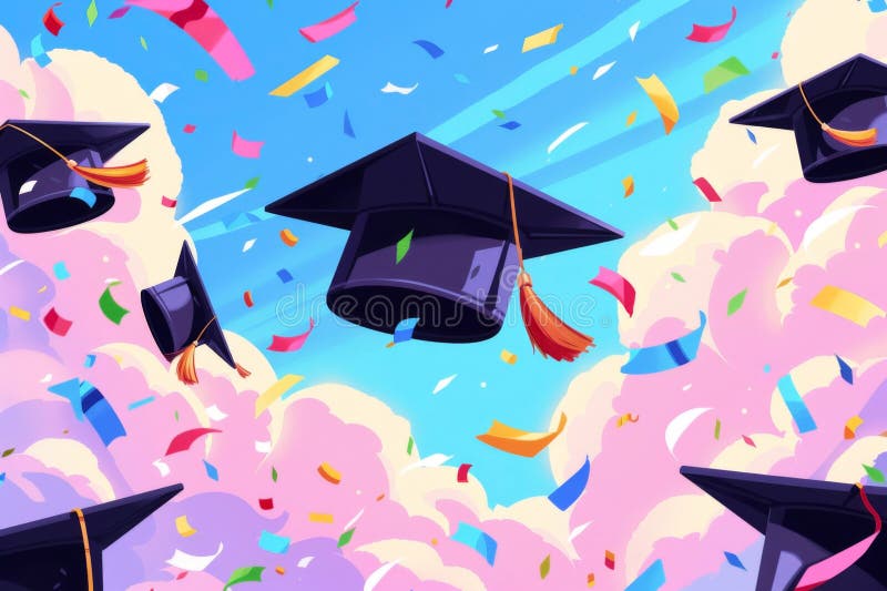 Flying Graduation Caps and Confetti, Graduation Banner, Illustration ...