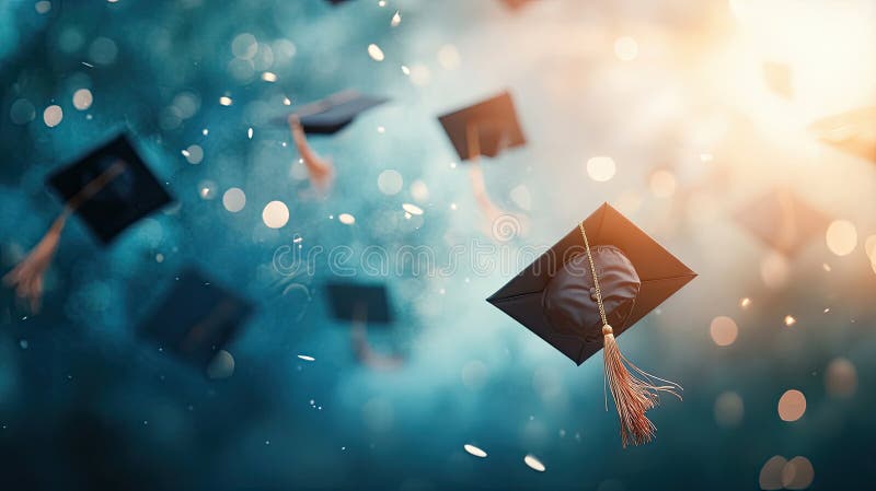 Flying Graduation Caps and Confetti Celebration Stock Illustration ...