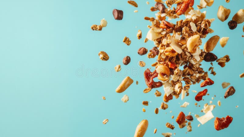 Flying Granola with Nuts and Dried Fruit on Blue Background Stock ...