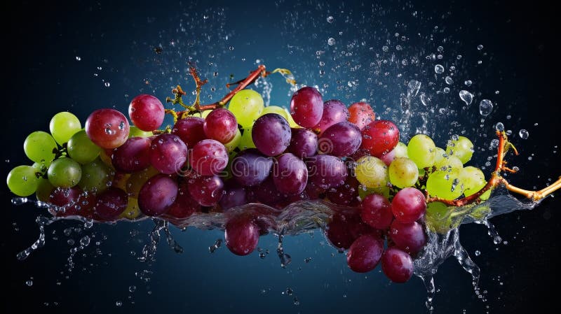 Flying Grapes with Water Splashes on Black Background Stock ...