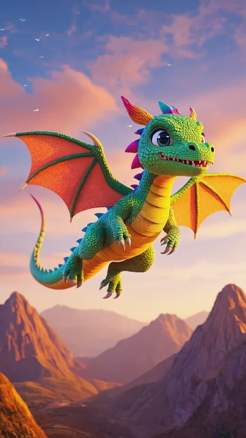 Flying Green Dragon Over Mountains in Fantasy Sunset Sky Stock ...