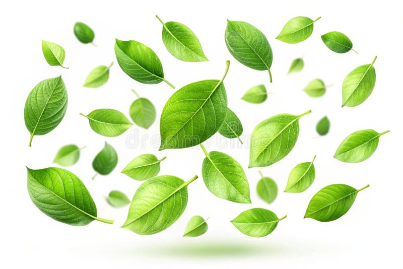 Flying Green Leaves Isolated on White Background Stock Illustration ...