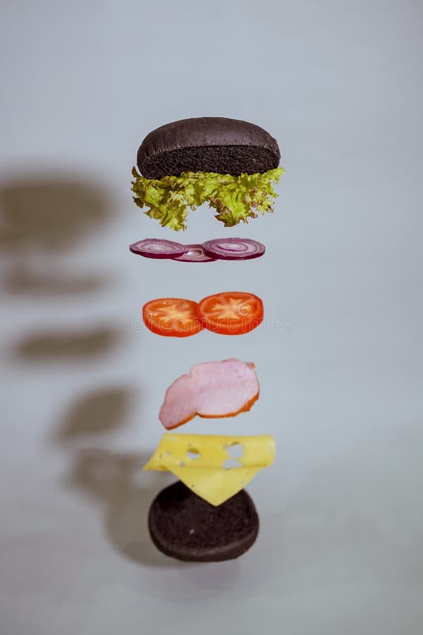 Flying Hamburger Divided into Components - Tomato, Onion, Cheese ...