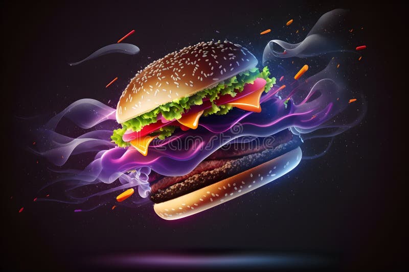 Flying Hamburger with Neon Lights, Concept of Fast Food Stock ...