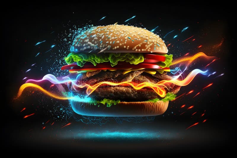 Flying Hamburger with Neon Lights, Concept of Fast Food Stock ...