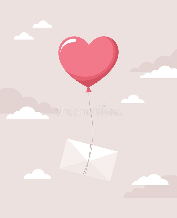 Flying Heart Balloon with an Envelope on a String. Vector Illustration ...