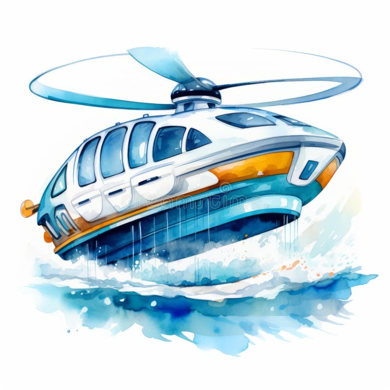 Charming Watercolor Helicopter Illustration with Water Background Stock ...