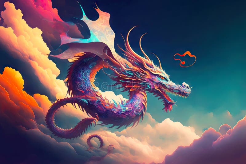Flying High Above Clouds Chinese Red Dragons Stock Illustration ...