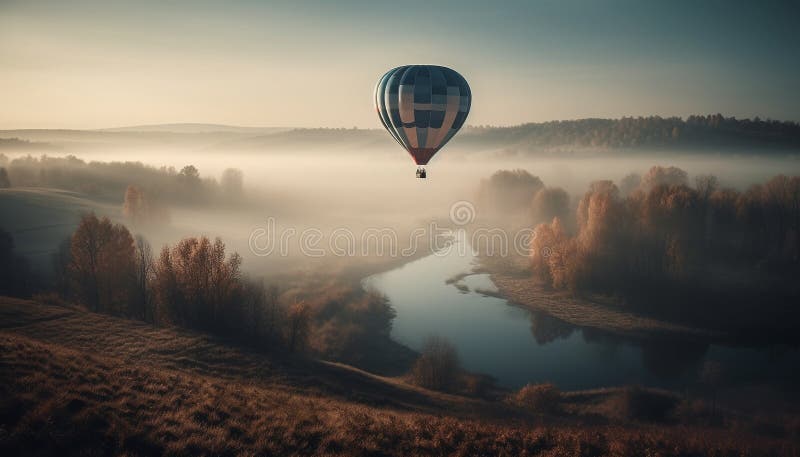 Flying Hot Air Balloon Over Tranquil Mountain Landscape at Dawn ...