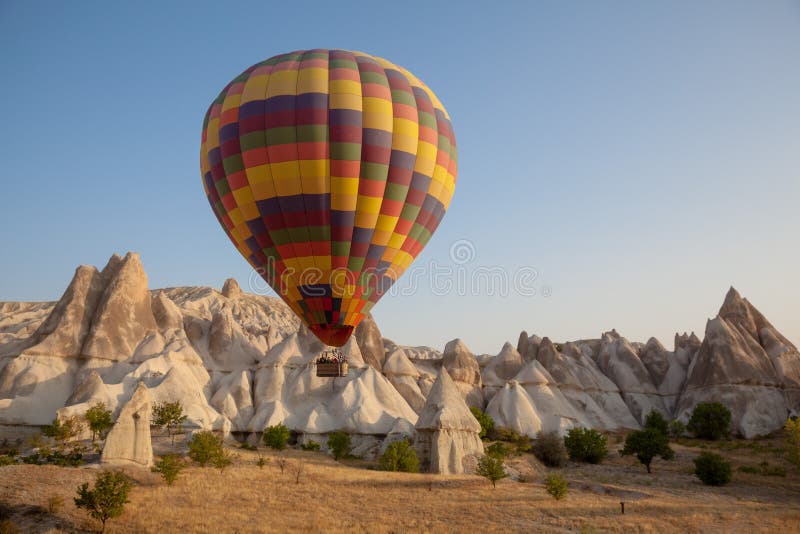 Flying Hot Air Balloon in Turkey Cappadocia Stock Image - Image of ...