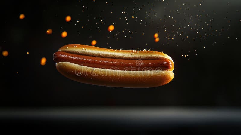 Flying Hot Dog Isolated on Black Background Stock Illustration ...