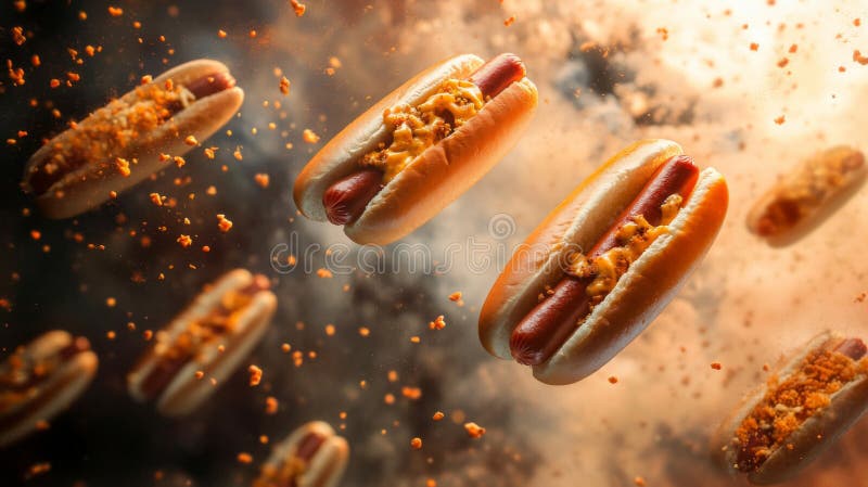 Flying Hot Dogs with Melted Cheese and Crispy Crumbles Stock ...