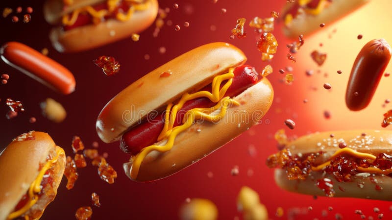 Flying Hot Dogs with Mustard and Crispy Onions Stock Illustration ...