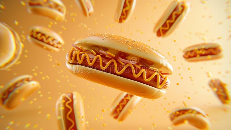 Flying Hot Dogs with Mustard Drizzle Stock Illustration - Illustration ...