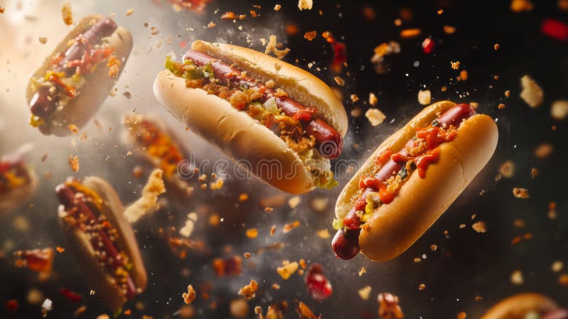 Flying Hot Dogs with Toppings and Dark Background Stock Illustration ...