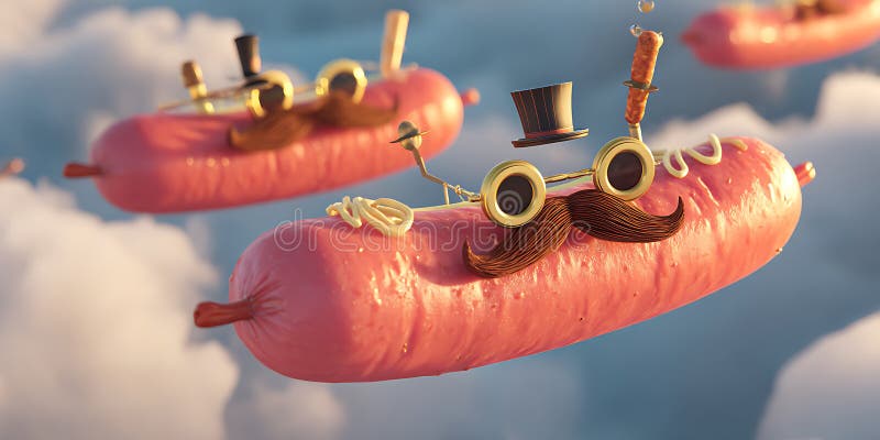 Flying Hot Dogs Whimsical 3D Render of Food in the Clouds Stock Image ...