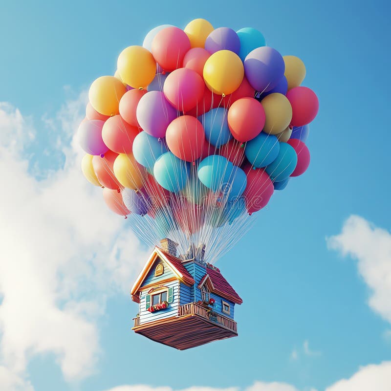 Flying house, AI generated stock illustration. Illustration of flight ...