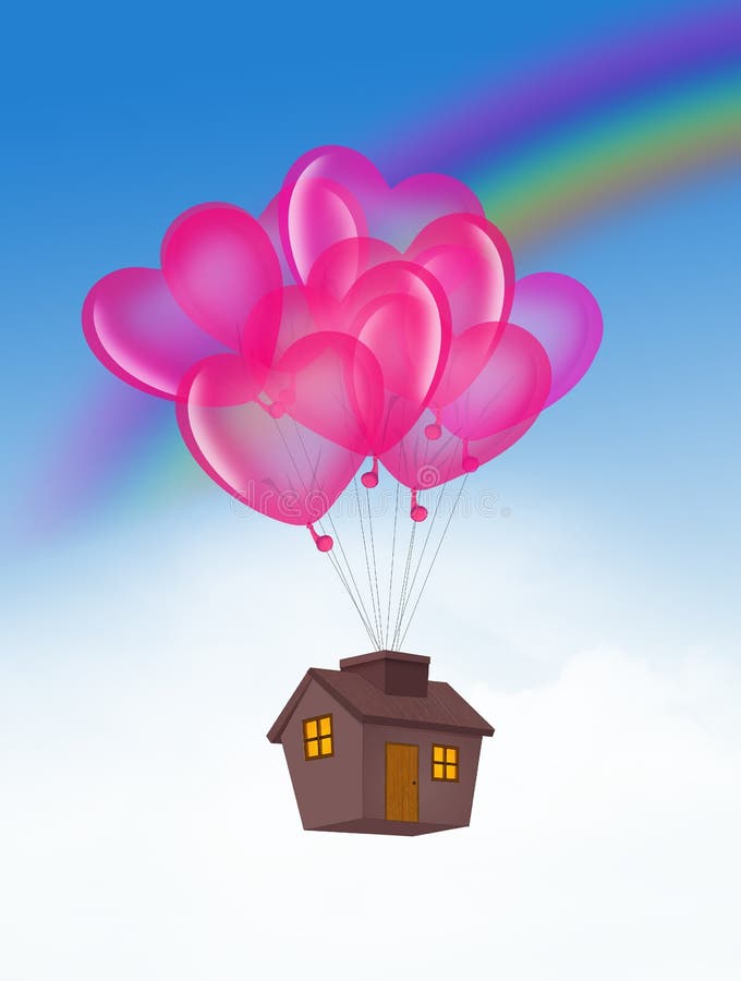 Flying house with balloons stock illustration. Illustration of house ...
