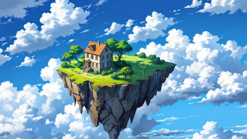 A Flying House on a Piece of Land Stock Illustration - Illustration of ...
