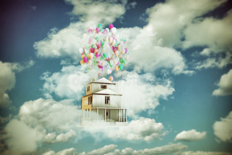 Flying wooden house stock illustration. Illustration of flying - 64476753